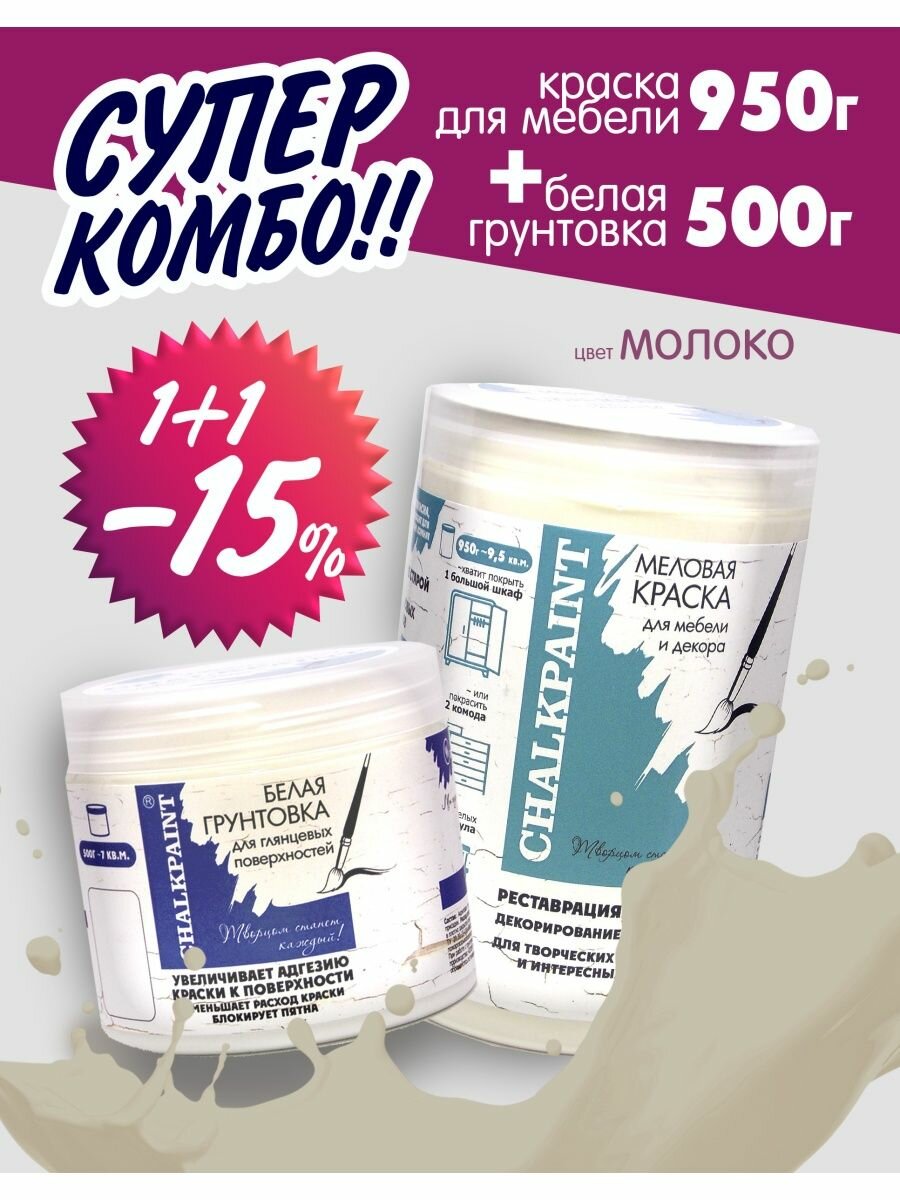 Краска меловая для мебели Chalky Paint, молоко 950 г + грунт 500 г