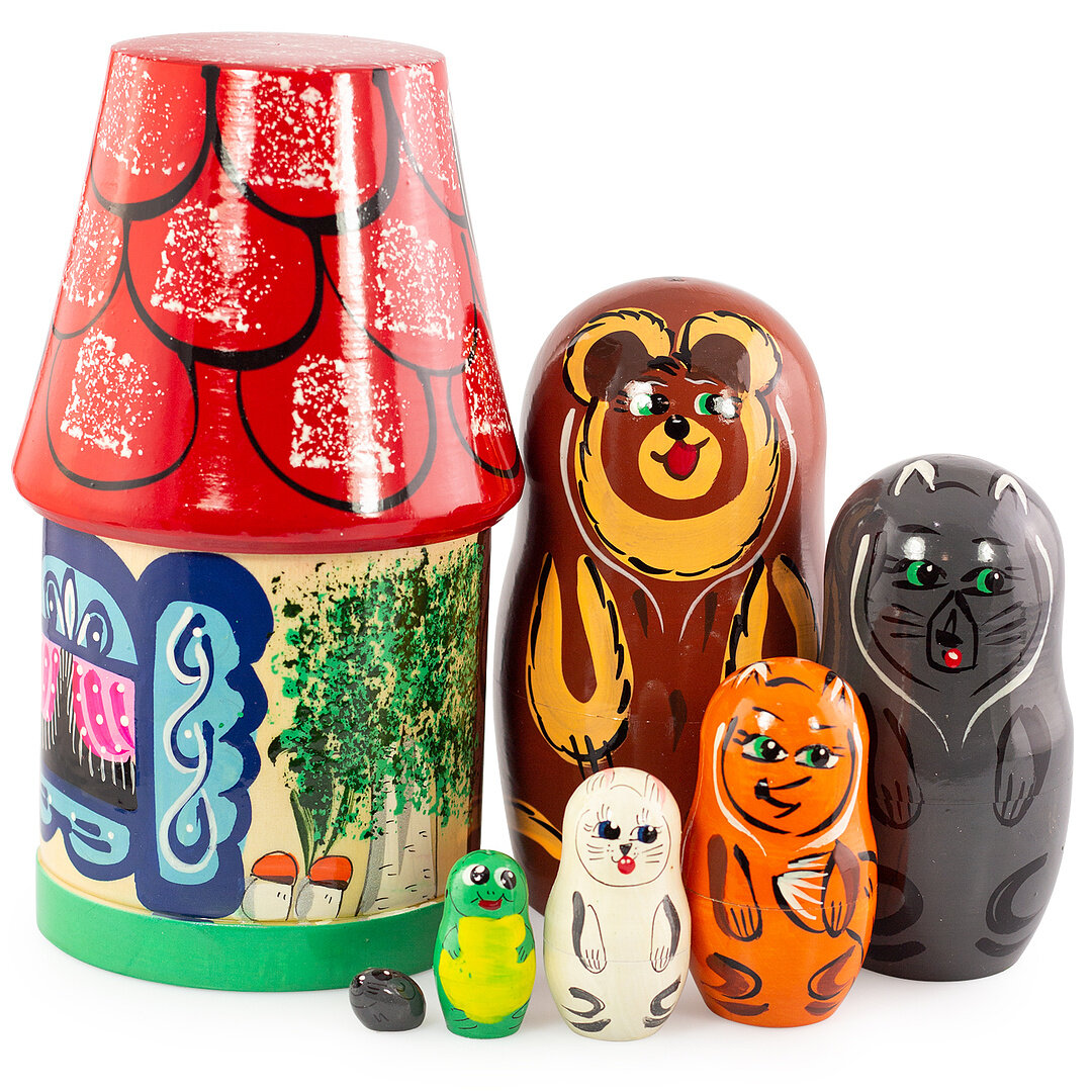 Матрешка деревянная авторская сказка Теремок 7 мест 20 см русские сувениры Azhna