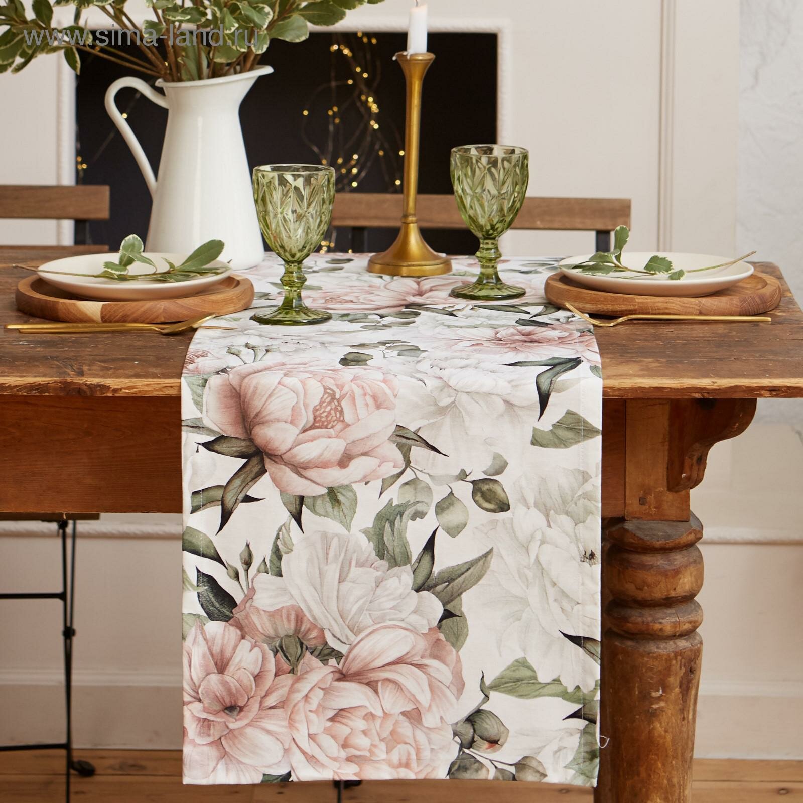 Дорожка на стол Этель «Пионы» 40×145 +/-5 см, 100% хлопок, саржа 190 г/м², белая/розовая, 5376621