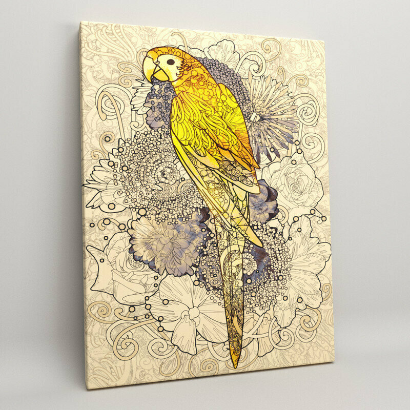 Картина на холсте (интерьерный постер) "Монохромные цветы и золотой попугай", с деревянным подрамником, размер 22x30 см