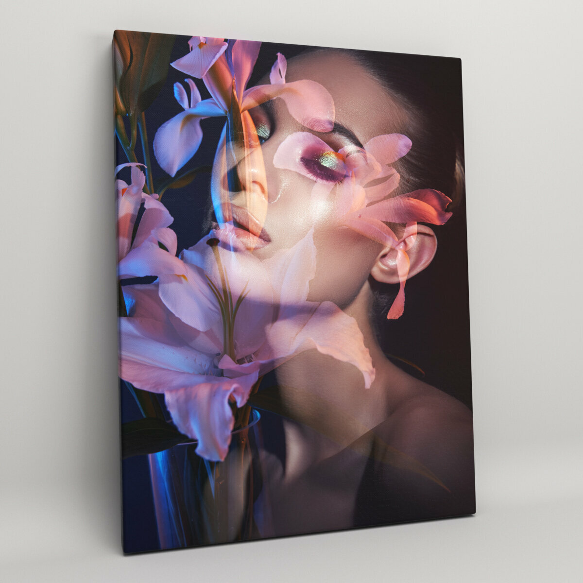 Картина на холсте (интерьерный постер) "Лилии и девушка" двойная экспозиция, с деревянным подрамником, размер 30х40 см