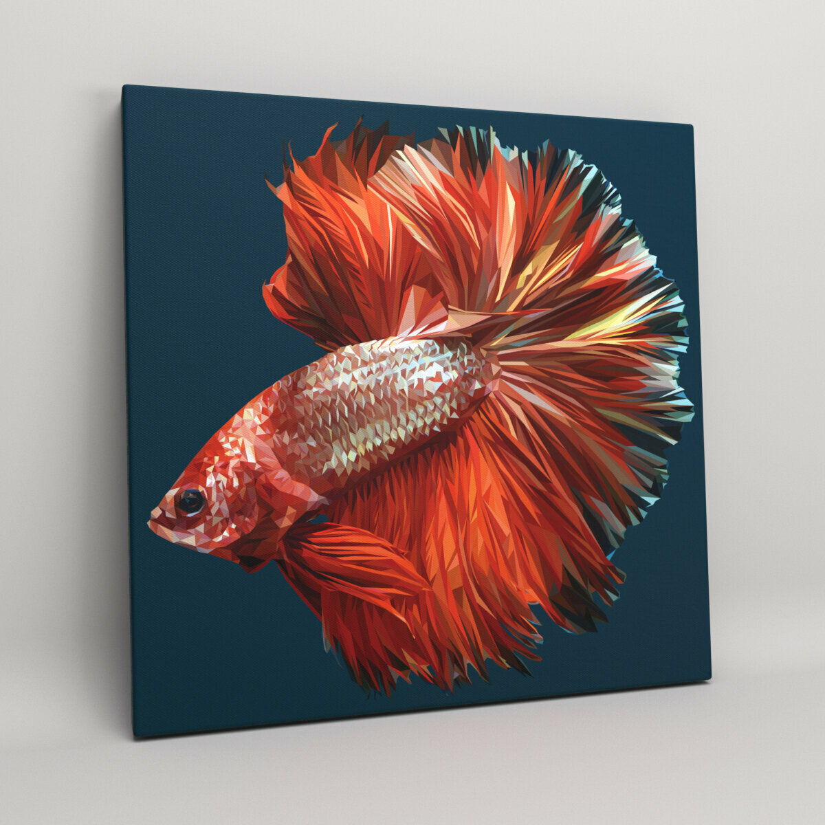 Картина на холсте (интерьерный постер) "Красная рыбка петушок", с деревянным подрамником, размер 35x35 см