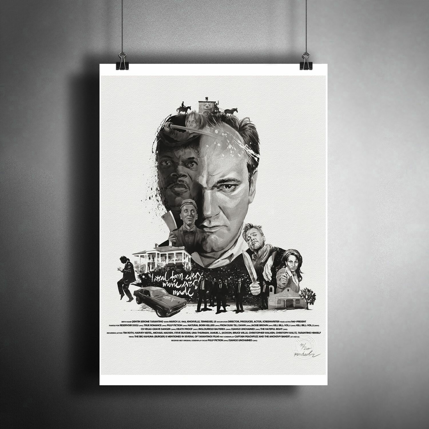 Постер плакат для интерьера "Кинорежиссёр Квентин Тарантино" / Декор дома, офиса, комнаты, квартиры, детской A3 (297 x 420 мм)
