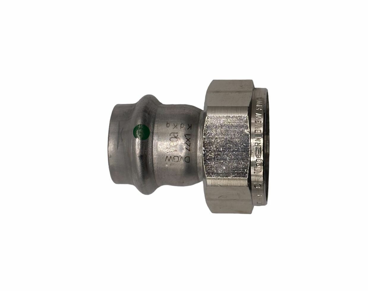 Пресс - муфта Sanpress Inox с накидной гайкой, VIEGA арт. 2363, нержавеющая сталь, с ВР 15 мм х 3/4"