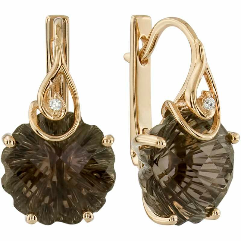 Серьги, красное золото, 585 проба, раухтопаз