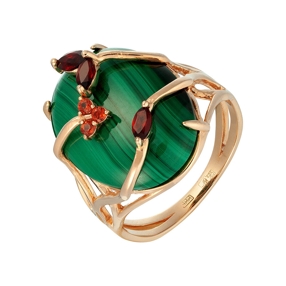 Кольцо, красное золото, 585 проба, малахит