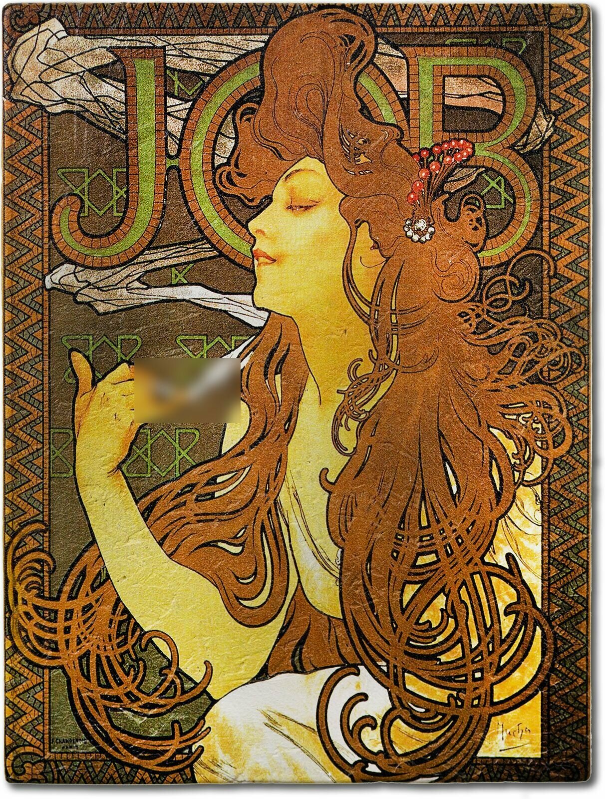 Репродукция/Картина/Альфонс Муха "Рекламный плакат Джоб"/Интерьерная фреска на доске/30х24см