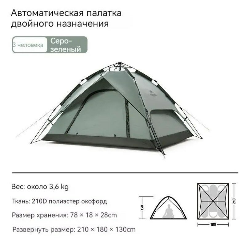 Палатка Naturehike 3-местная, быстросборная, алюминиевый каркас, серо-зеленая