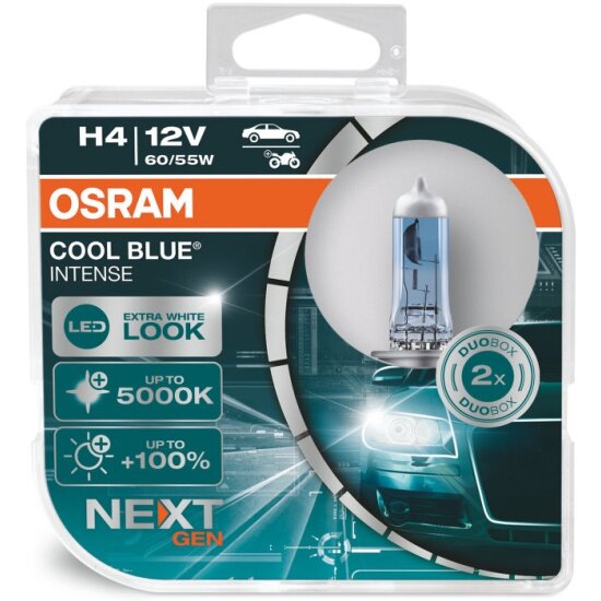 Лампа автомобильная Osram Cool Blue Intense NextGen H4 60/55W P43t-38+100% 12V, 2шт, 64193CBN-HCB