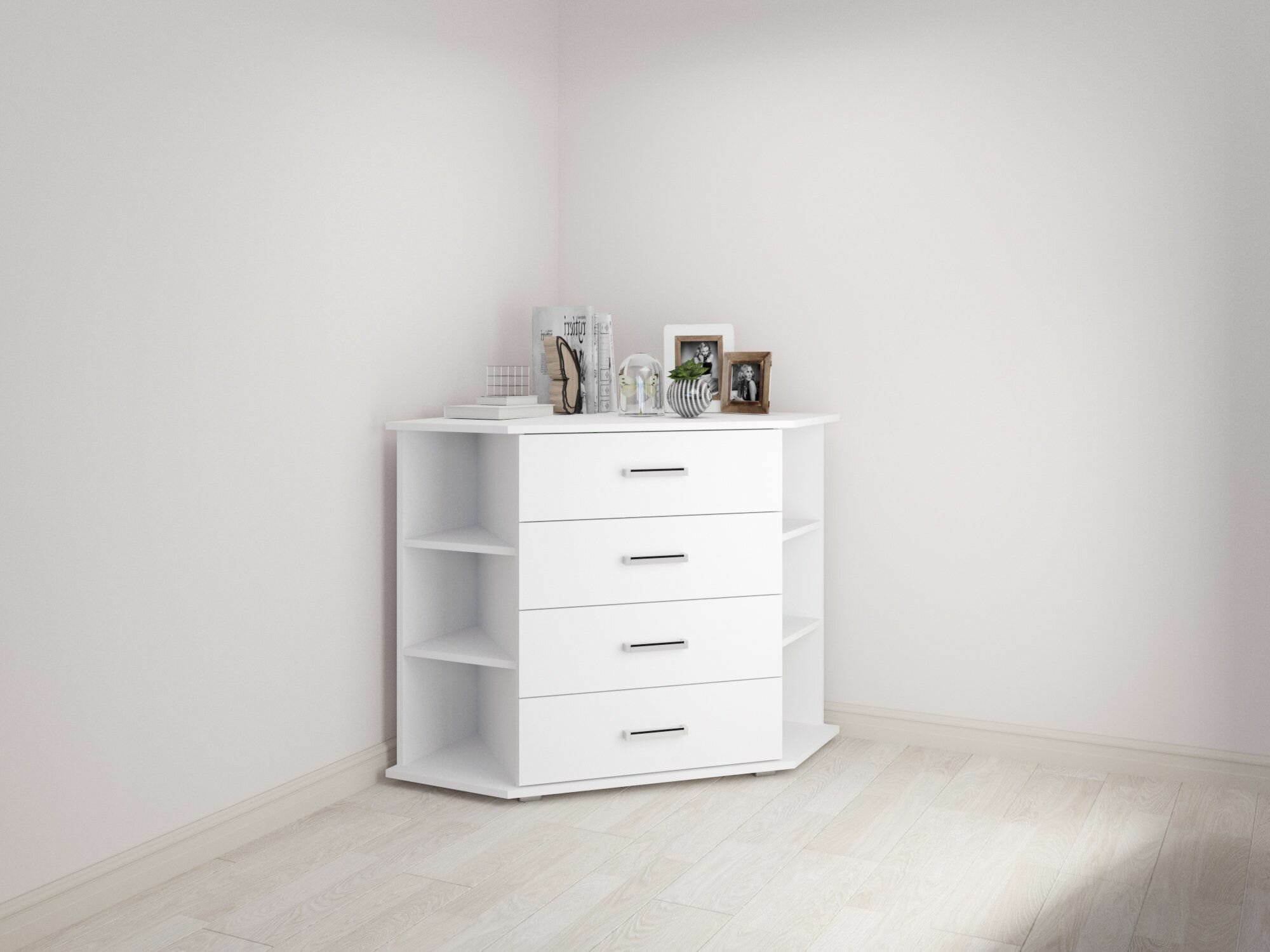 Комод Катрин 7 Белый с тиснением" Древесные поры" ЛДСП с открытыми полками, ящиками для спальни, прихожей, гостиной, 790х770х770, тэкс