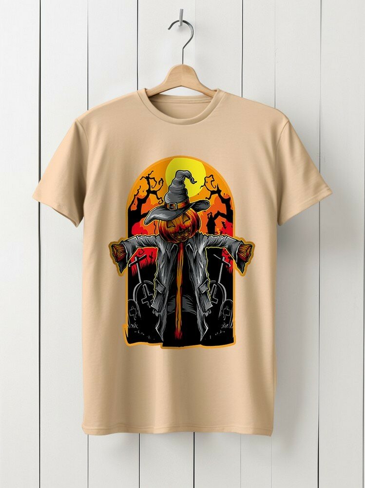 Футболка Футболка унисекс бежевая из хлопка с DTF принтом Хеллоуин Тыквоголовый (Рэтро плакат, винтаж, осень, подарок, Helloween) - 9439