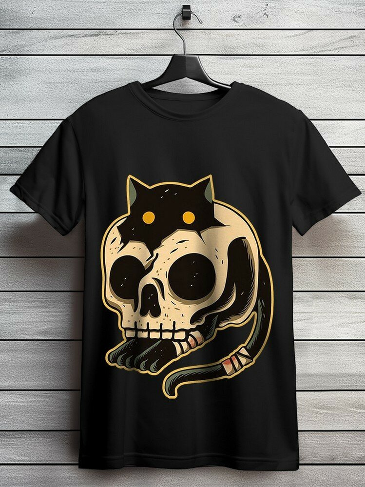 Футболка Футболка унисекс черная из хлопка с DTF принтом Хеллоуин кот и череп (винтаж, осень, подарок, Helloween) - 9458