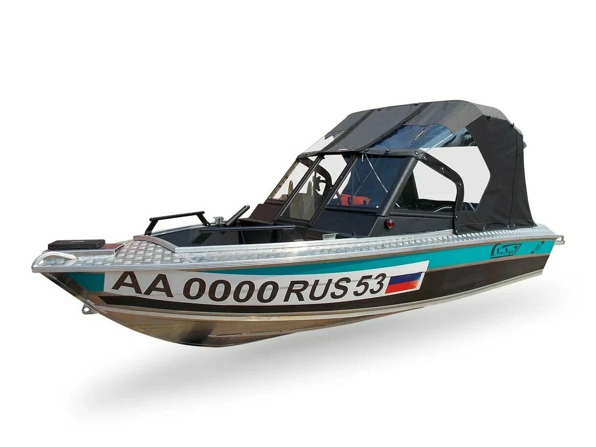 Вельбот 434НС / Wellboat 434NS. Тент с дугами с креплениями для стекла с калиткой