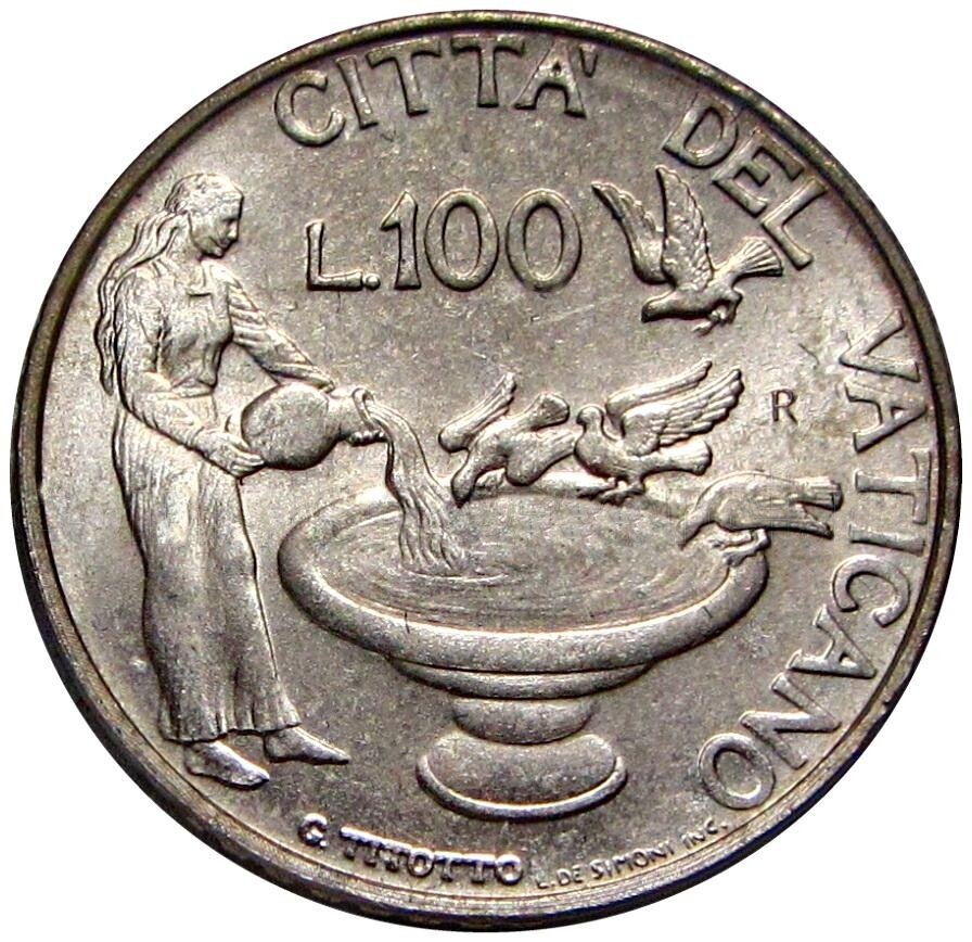 100 лир 1997 Ватикан, Женщина наполняет купальню для птиц и голубей, Папа Иоанн Павел II, UNC