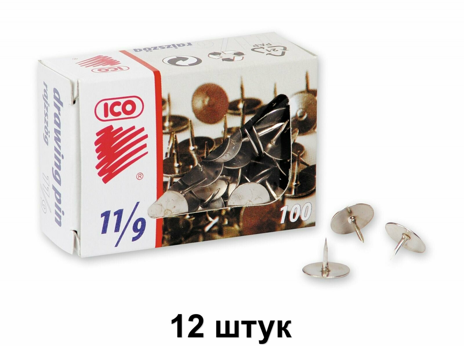 ICO Кнопки канцелярские Стальные, 11 мм, 100 шт, 12 уп