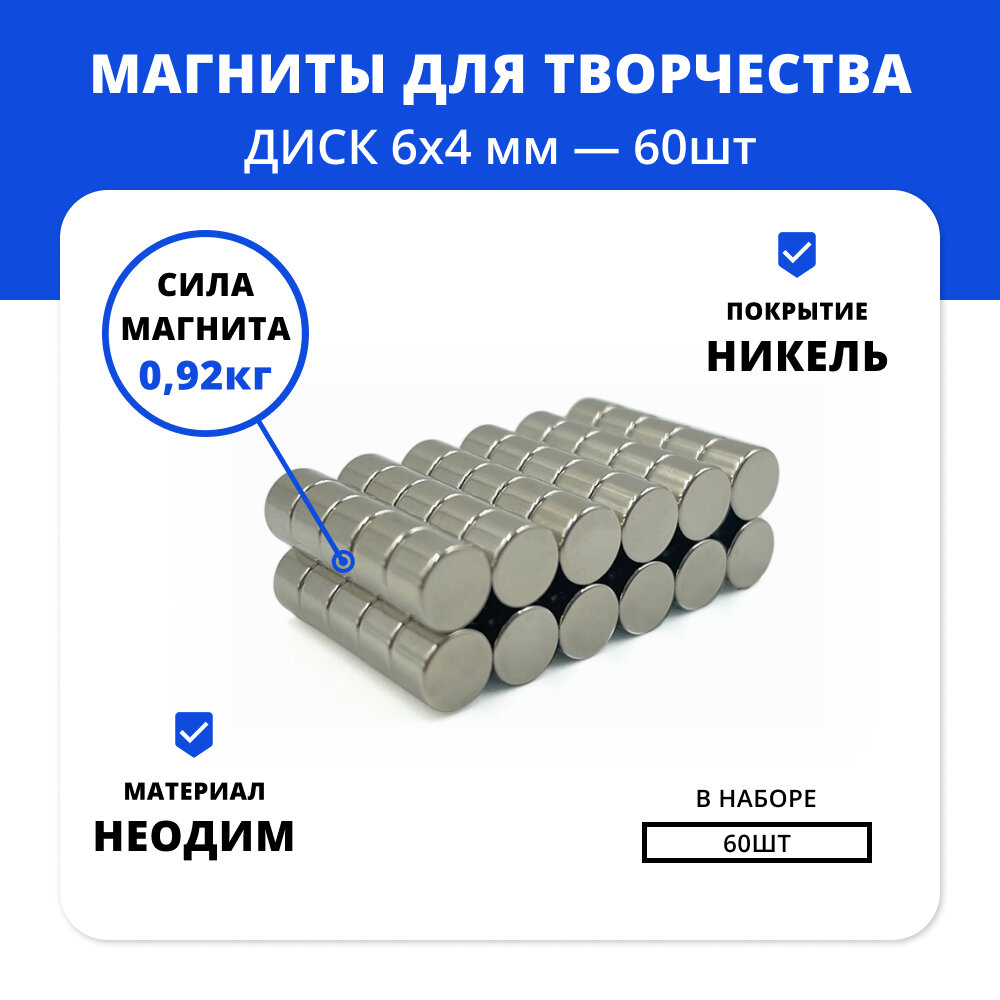 Неодимовые магниты-крепления | магнитные диски 6х4 мм — комплект 60 шт