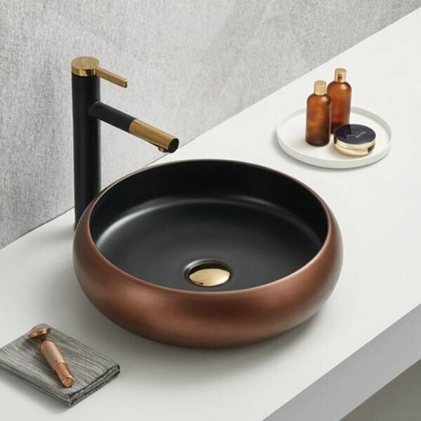 Накладная круглая раковина 42 см для ванной Comforty 78650 медная черная матовая, для установки на столешницу
