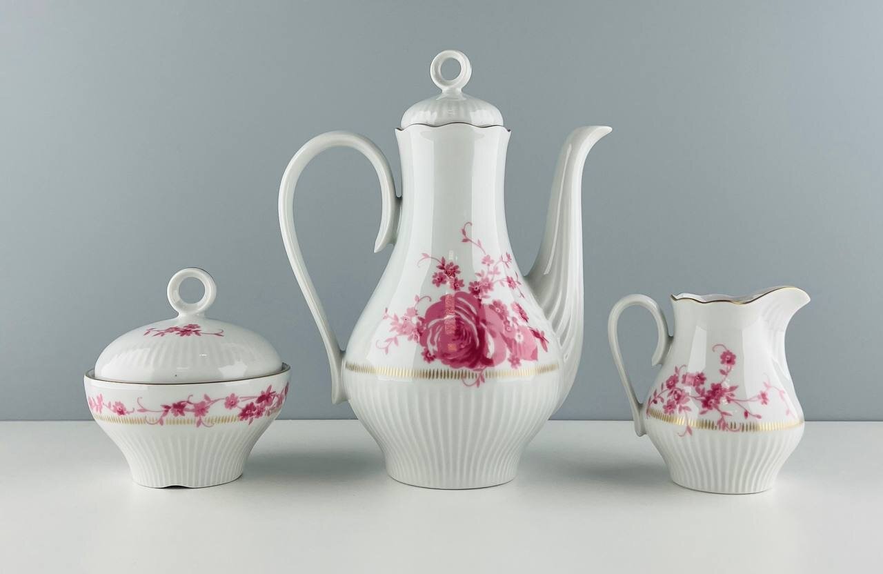 Винтажный кофейный набор "Весенний букет". Фарфор Jlmenau. ГДР, 1960-е.