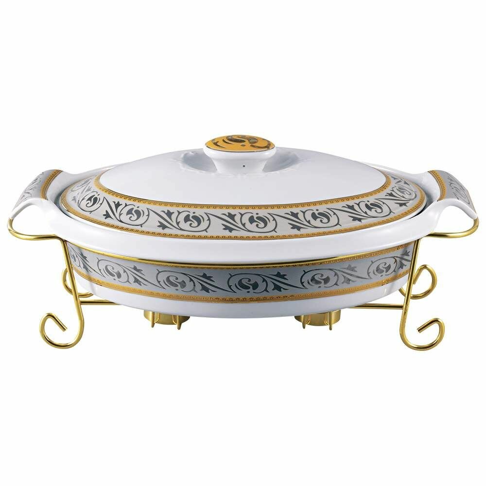 Мармит с подогревом от свечи фарфоровый 2.6 литра (38 см) на металлической подставке с крышкой настольный Zeidan