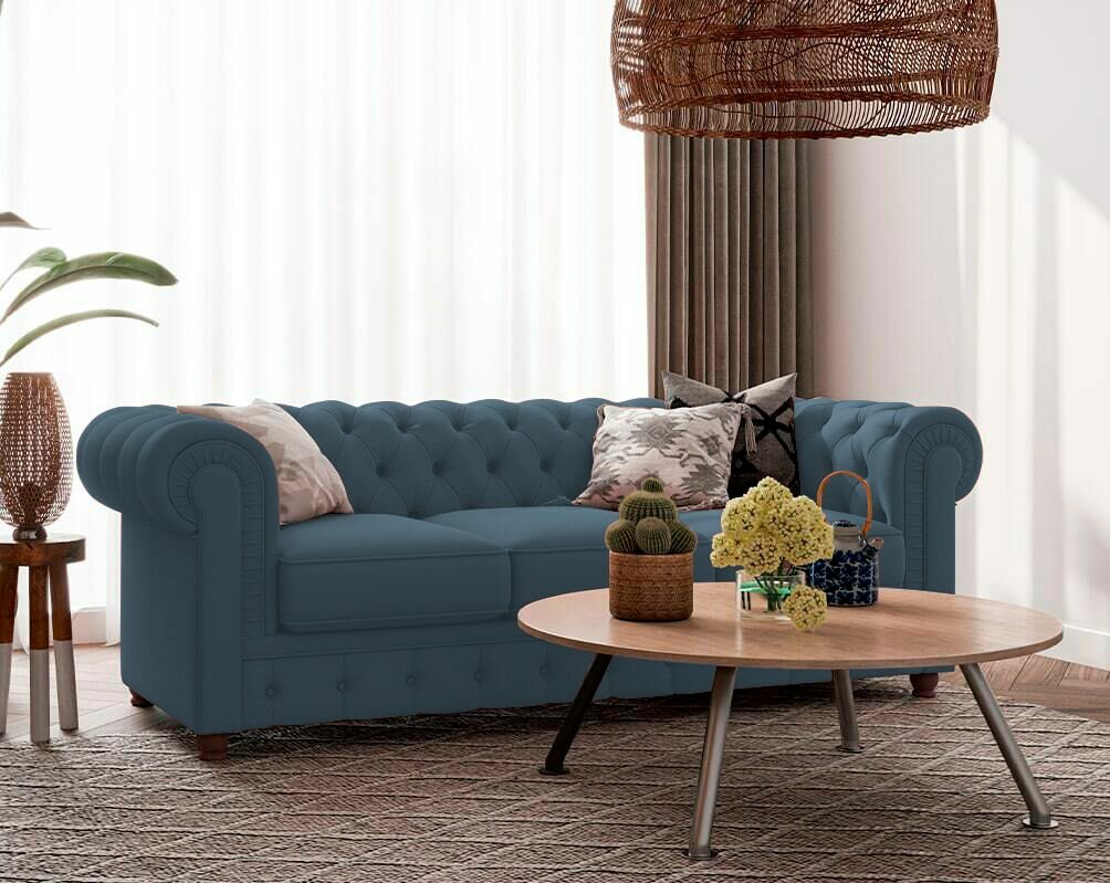 Диван-кровать прямой Chesterfield для гостиной c подлокотниками, синий, велюр, раскладной, 300х105х81см