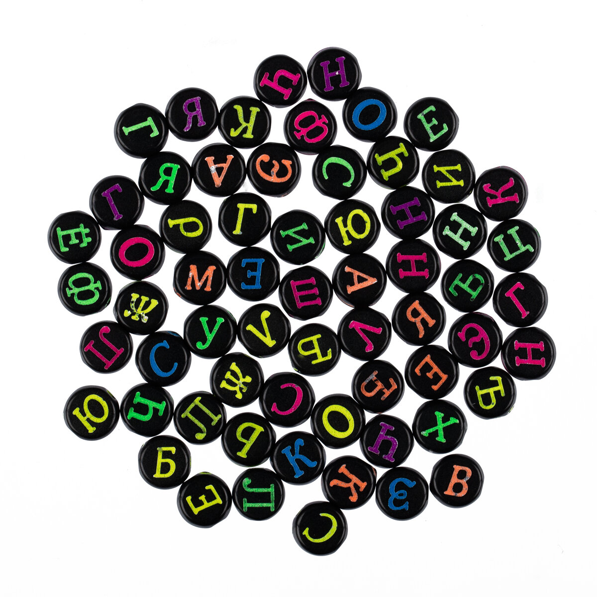 Бусины "Hobbius" пластик ABFA 4 х 7 мм 50 г №04 чёрные с цветными буквами "русский алфавит"