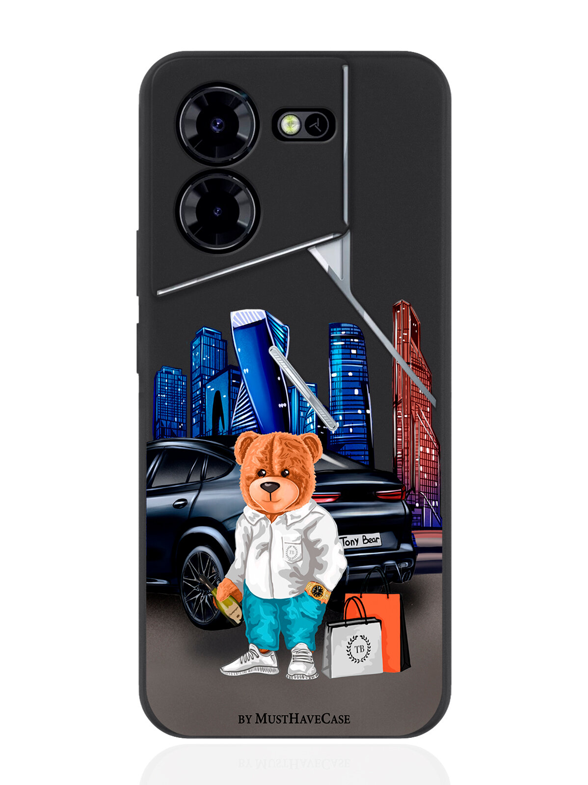 Чехол для смартфона Tecno Pova 5 Pro черный силиконовый Tony Moscow city/ Тони Москва Сити
