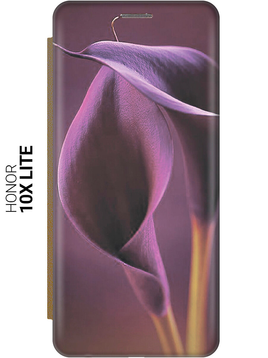 Чехол-книжка на Honor 10x Lite / Хонор 10Х Лайт c принтом "Сиреневые каллы" золотистый