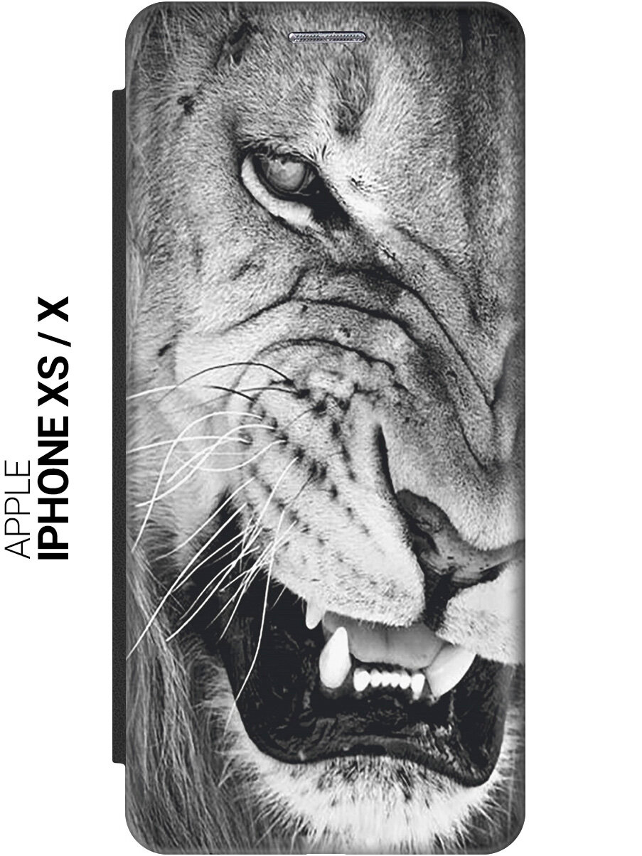 Чехол-книжка на Apple iPhone Xs / X / Эпл Айфон Икс / Икс Эс с рисунком "Скалящийся лев" черный