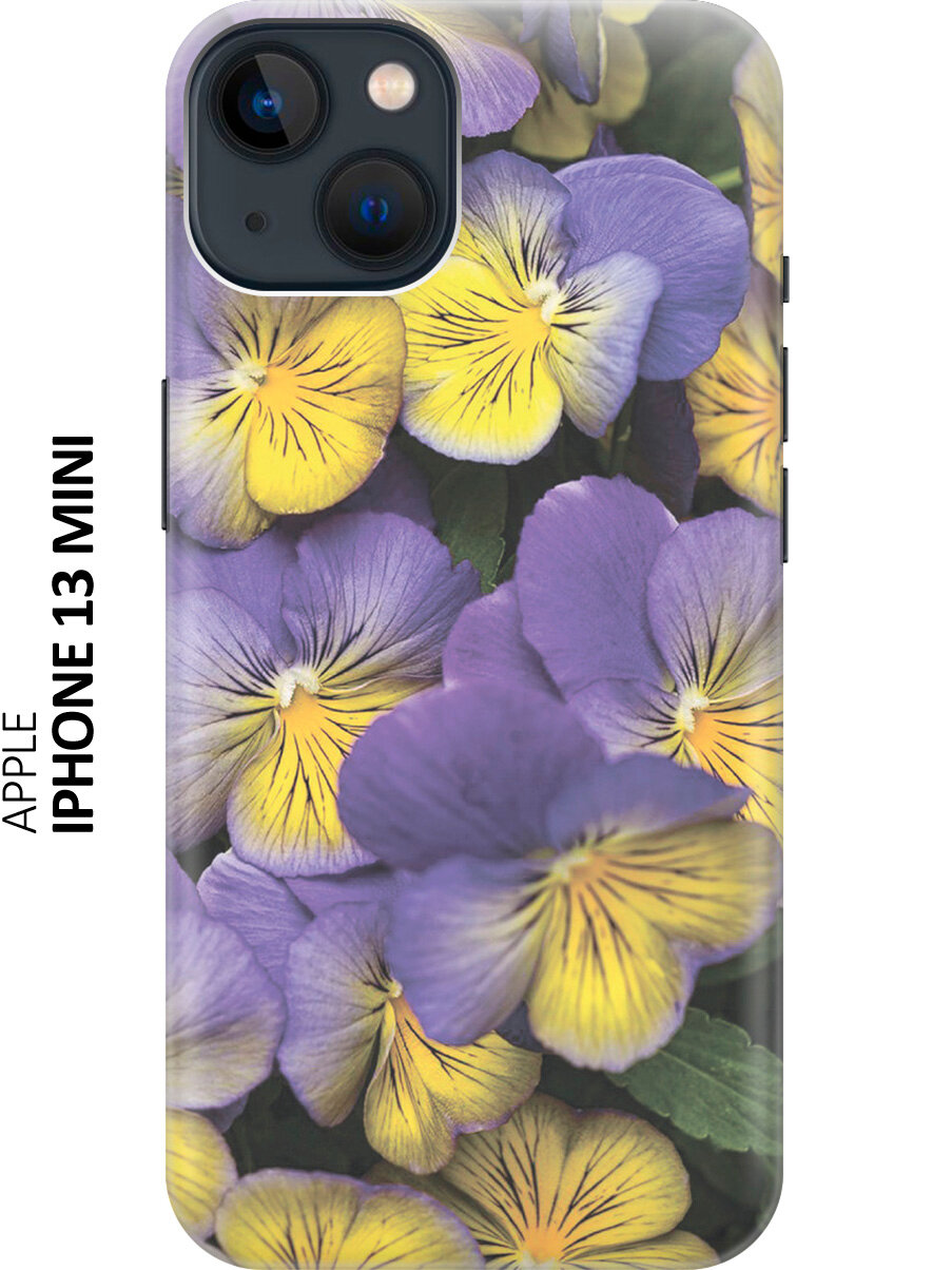 Силиконовый чехол на Apple iPhone 13 Mini / Эпл Айфон 13 мини с рисунком "Фиолетовые и желтые фиалки"