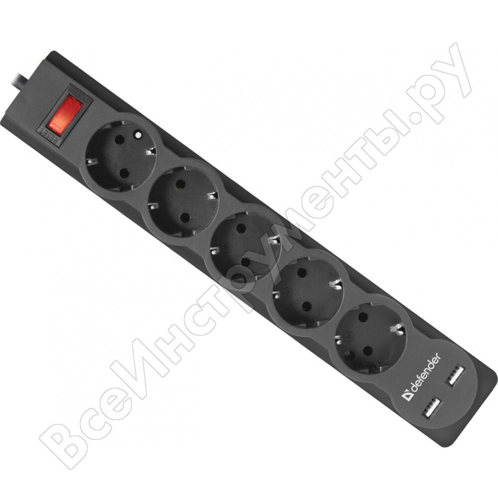 Сетевой фильтр Defender DFS 751 1,8 м, 5 розеток, 2xUSB, 2.1A 99751, широкого спектра