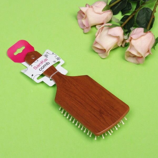 Расческа массажная деревянная "KRASSA - Cris", прямоугольная, пластиковые зубья