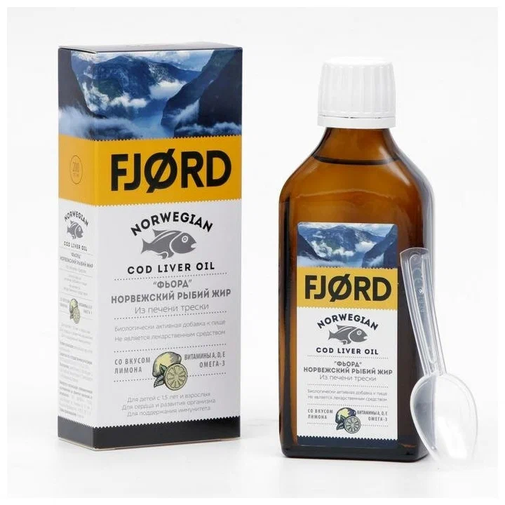 ФЬOРД Норвежский рыбий жир из печени трески фл, 200 мл, 1 шт, лимон