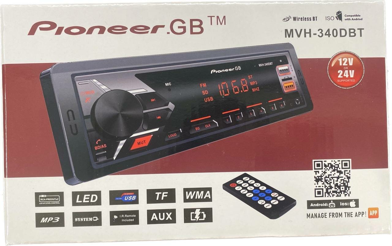 Автомагнитола Pioneer.GB - 340 BT 12 - 24 В с Bluetooth USB AUX поддержка 12V и 24V, 1 DIN с Bluetooth в машину 24V / автомагнитола 12в / магнитола 24в