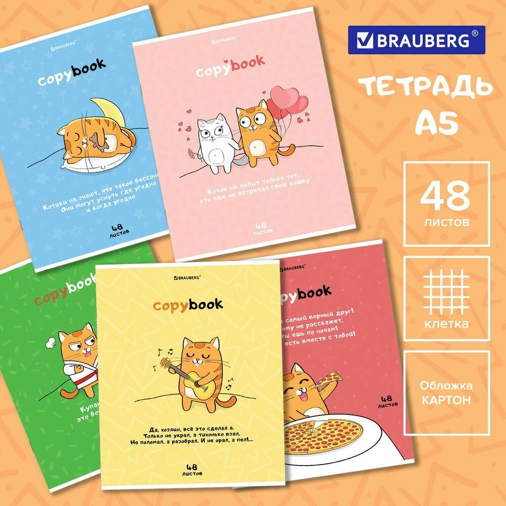 Тетрадь А5, 48 л, BRAUBERG, скоба, клетка, обложка картон, "Кот-Энтузиаст" (микс в спайке)