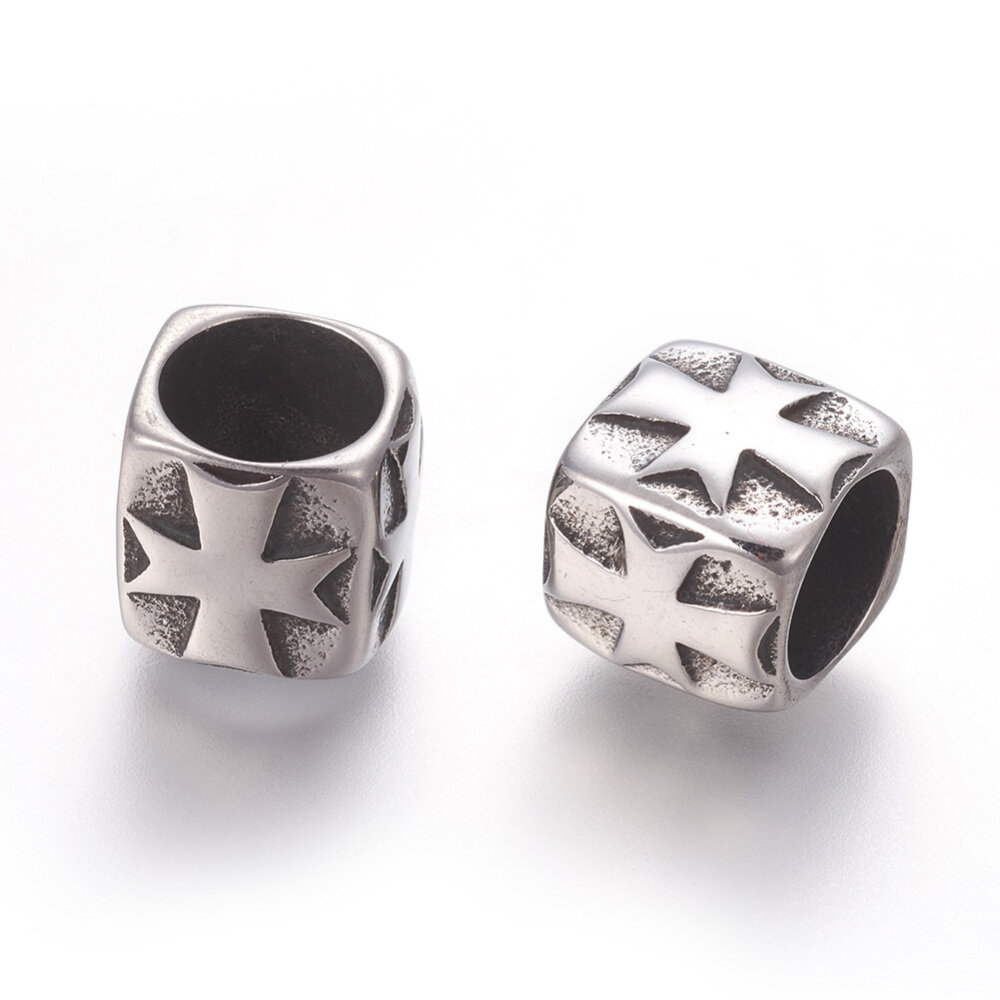 Бусина металлическая, 11.5х11х10.5мм, прямоугольный бочонок с крестом, базовый материал - нержавеющая сталь, без покрытия, с чернением, 1 шт.