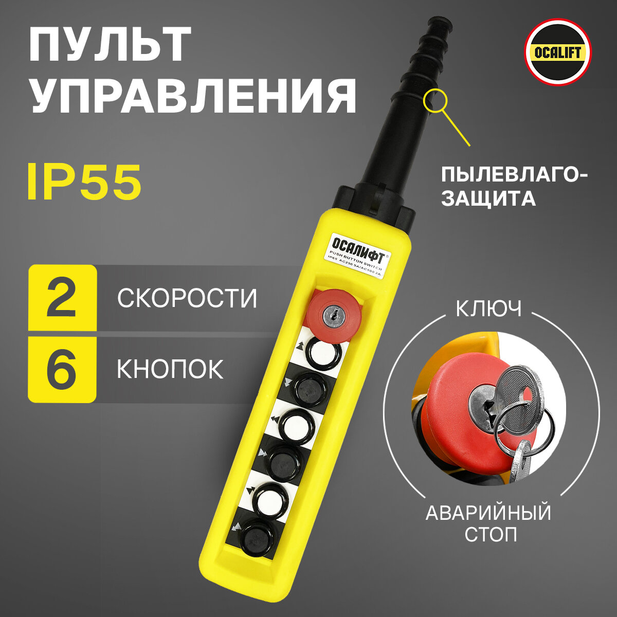 Пульт управления для промышленных тельферов 6 кнопок, 2 скорости, стоп, ключ, IP55 (без кабеля)