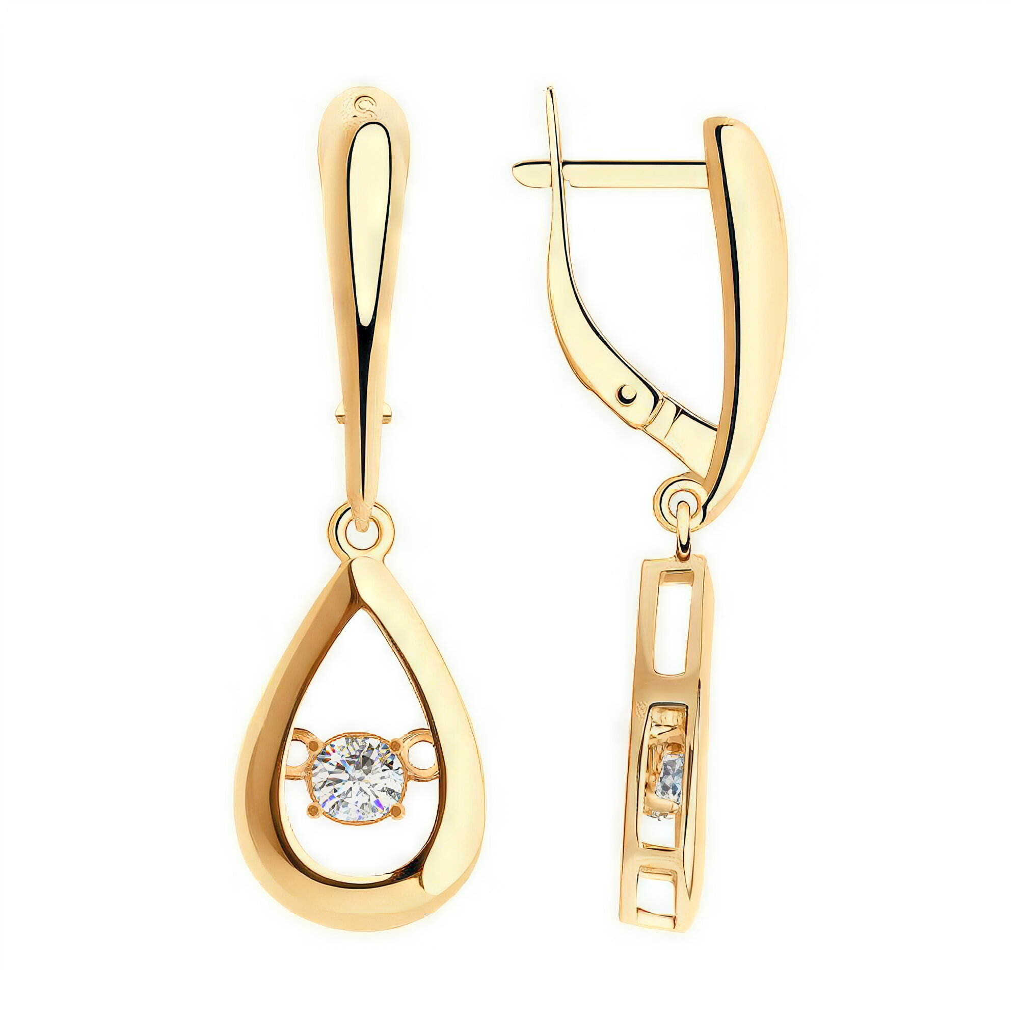 Серьги, серебро, 925 проба, золочение, фианит