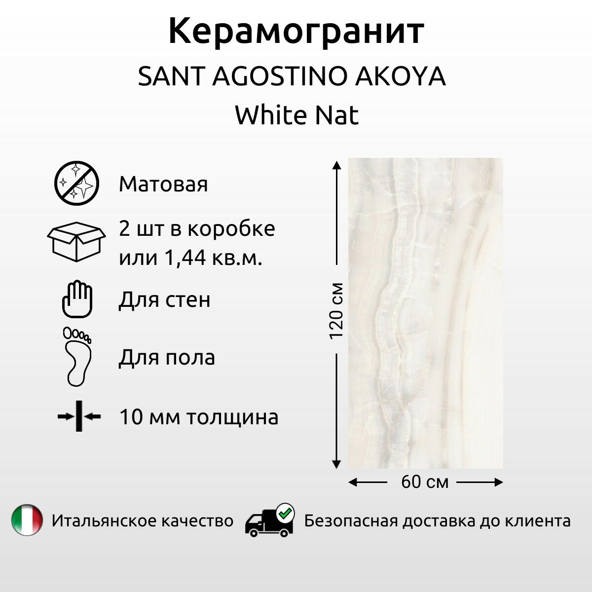 Керамогранит SANT AGOSTINO Akoya White Nat 60x120 см, 1.44 кв. м (2 шт в упак), матовая