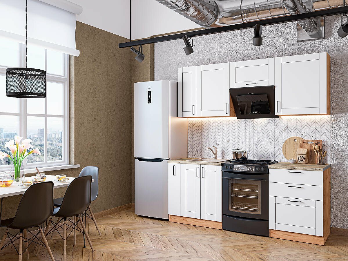 Готовый кухонный гарнитур кухня 2 метра без столешницы Лофт-05 2140*2000*600 White Silk