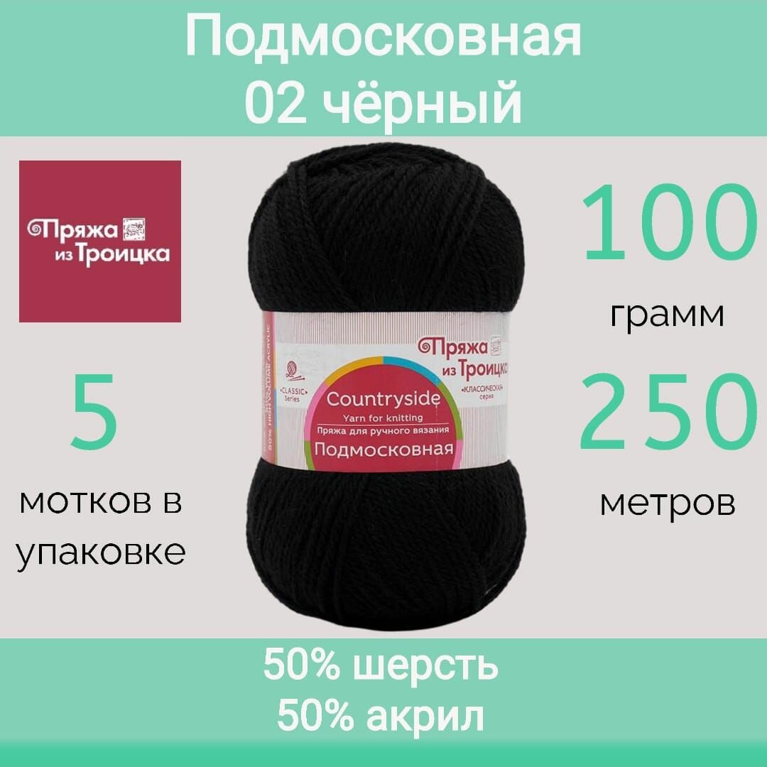 Пряжа Троицкая Подмосковная 02 чёрный (100г/250м, упаковка 5 мотков)