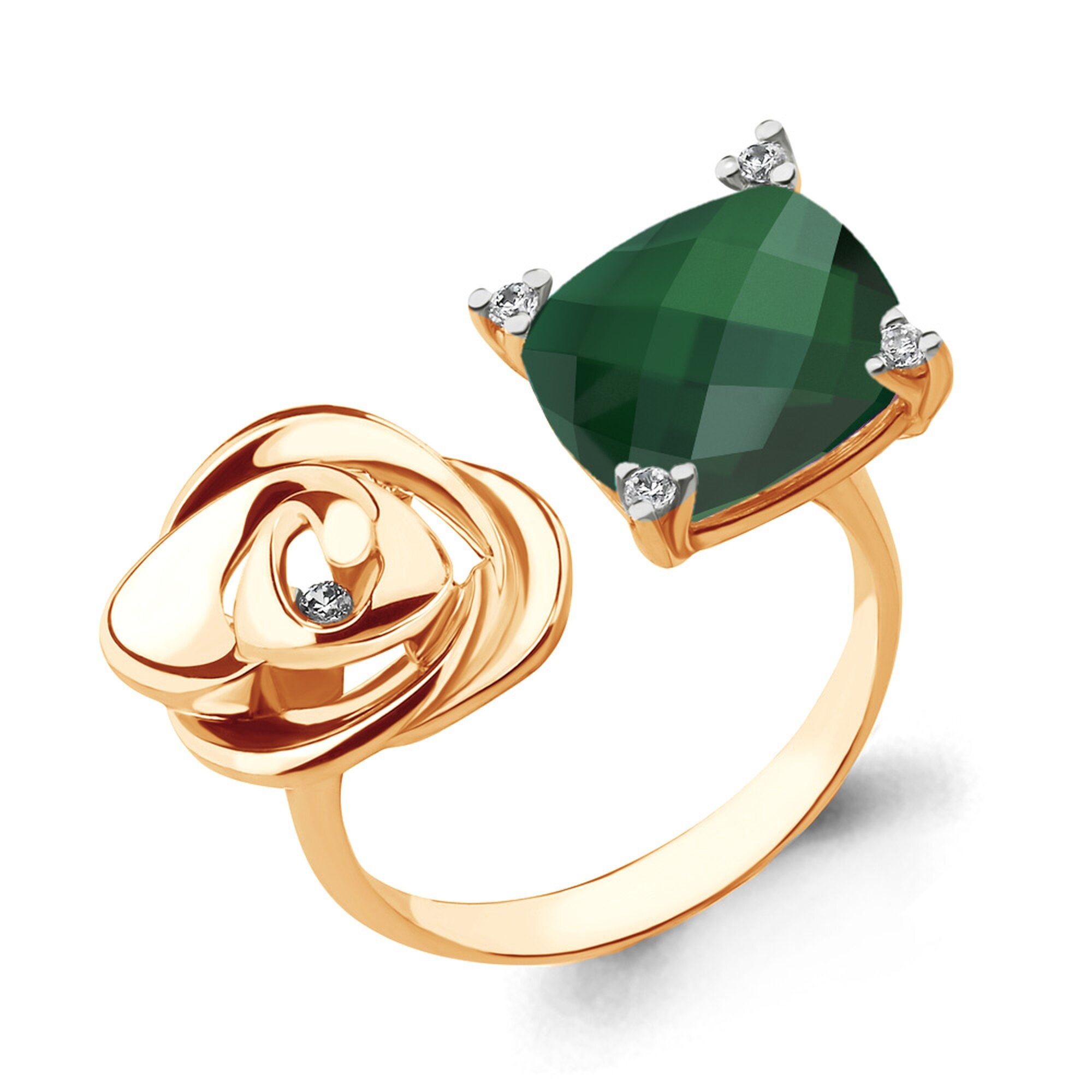 Кольцо, серебро, 925 проба, золочение, агат, фианит