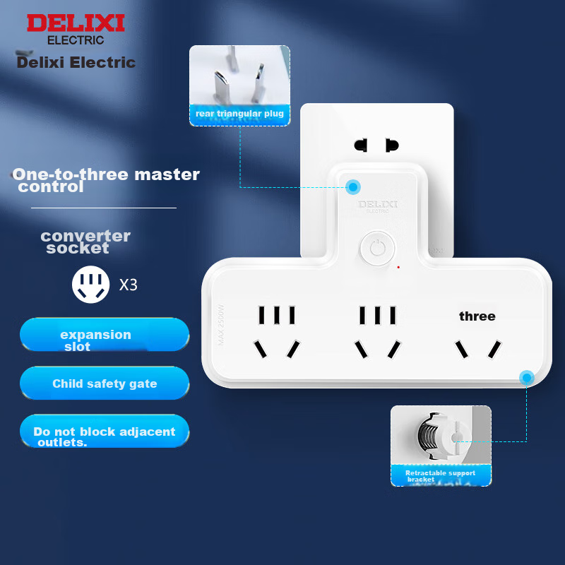 DELIXI Power Adapter/Three-Prong to One Socket/Wireless Power Converter/Power Converter/Power Strip/Power Strip with Master Switch, 3 Outlets, 5 Sockets, K3X/P