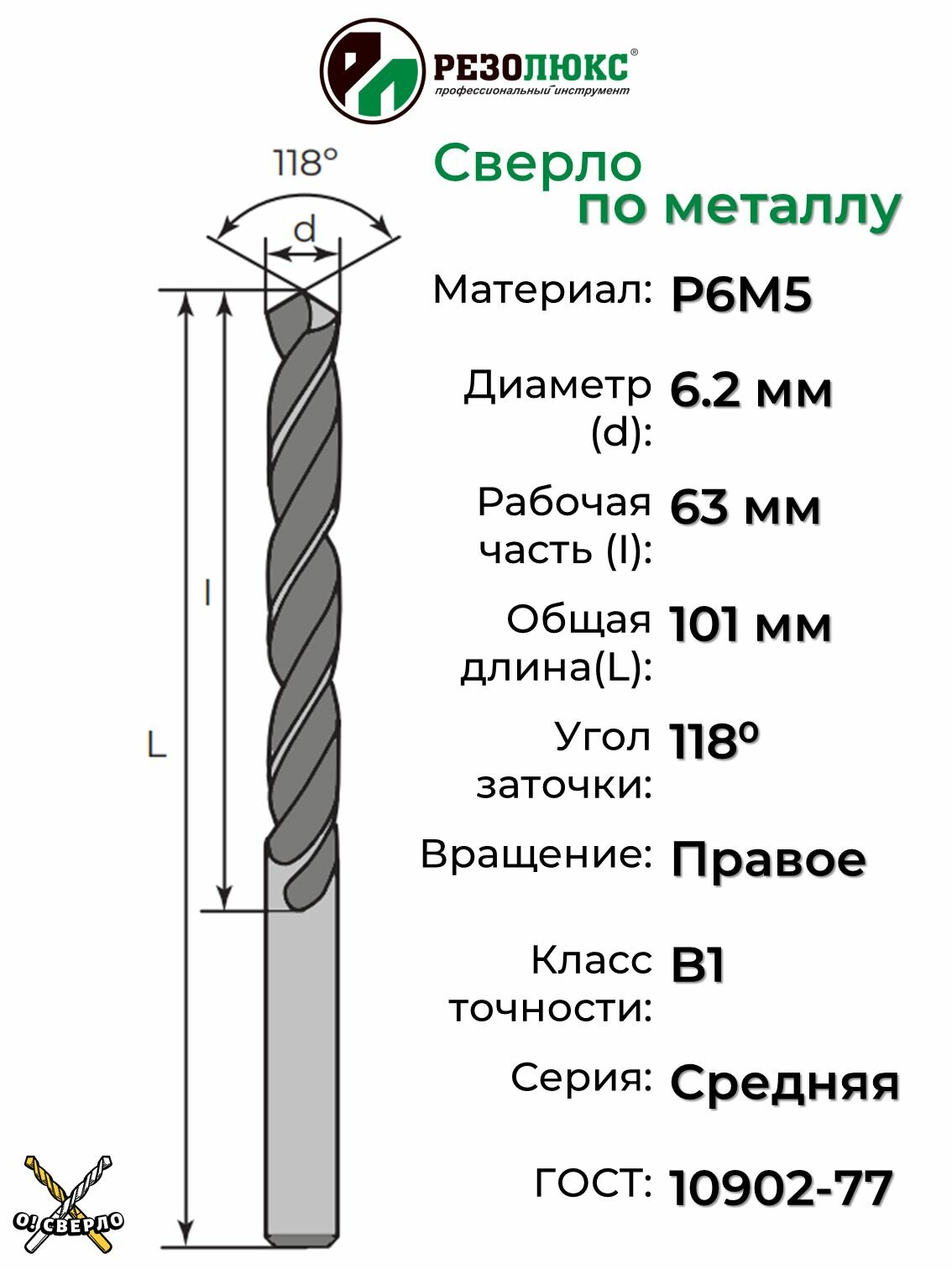 Сверло по металлу 6,2 мм резолюкс с цилиндрическим хвостовиком Р6М5 1 шт.