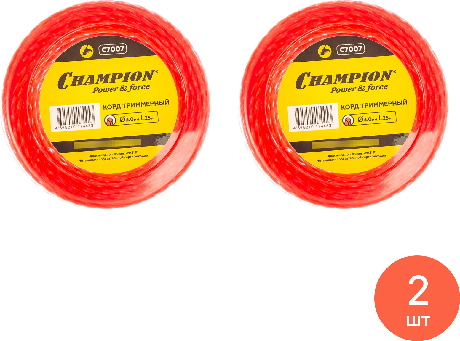 Леска для триммера Champion / Чемпион Twisted Square витой квадрат, нейлоновая, диаметр 3.0мм, 25м / садовая техника (комплект из 2 шт)