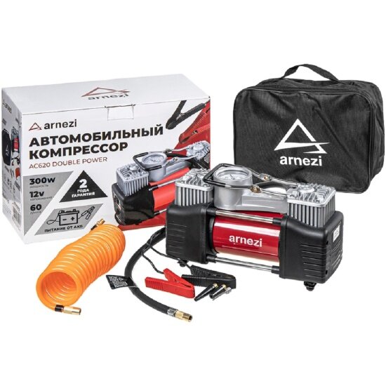 Компрессор автомобильный двухцилиндровый Arnezi 10 бар, 60 л/мин, 300 Вт, AC620 DOUBLE POWER