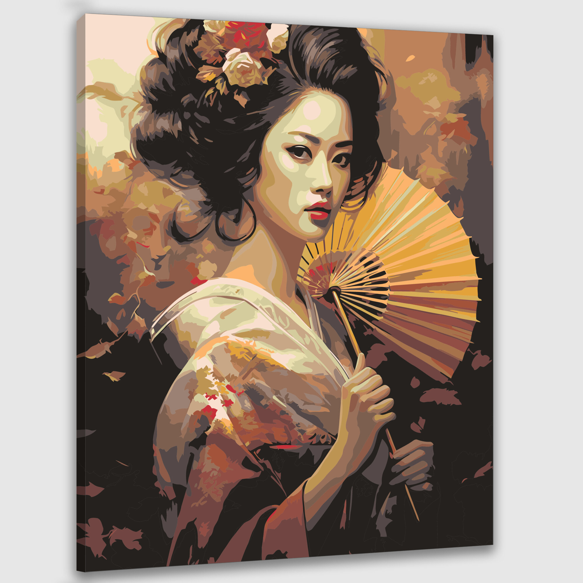 Картина по номерам 40x50 см, гейша, японская картина, цифровая, веер, кимоно, яркие цвета, нежные узоры, изысканность