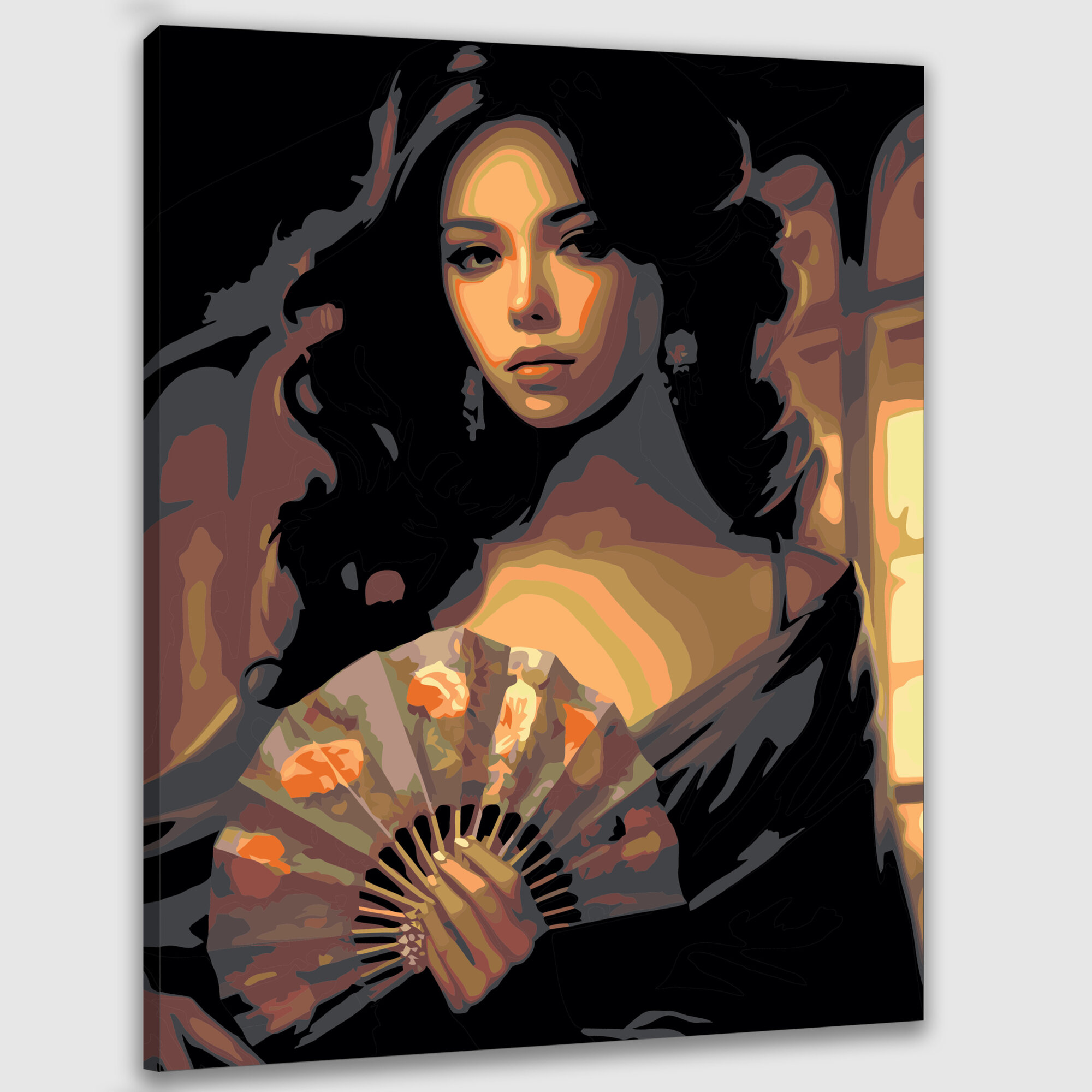 Картина по номерам 40x50 см, женщина, платье, веер, глаза, грация, очарование