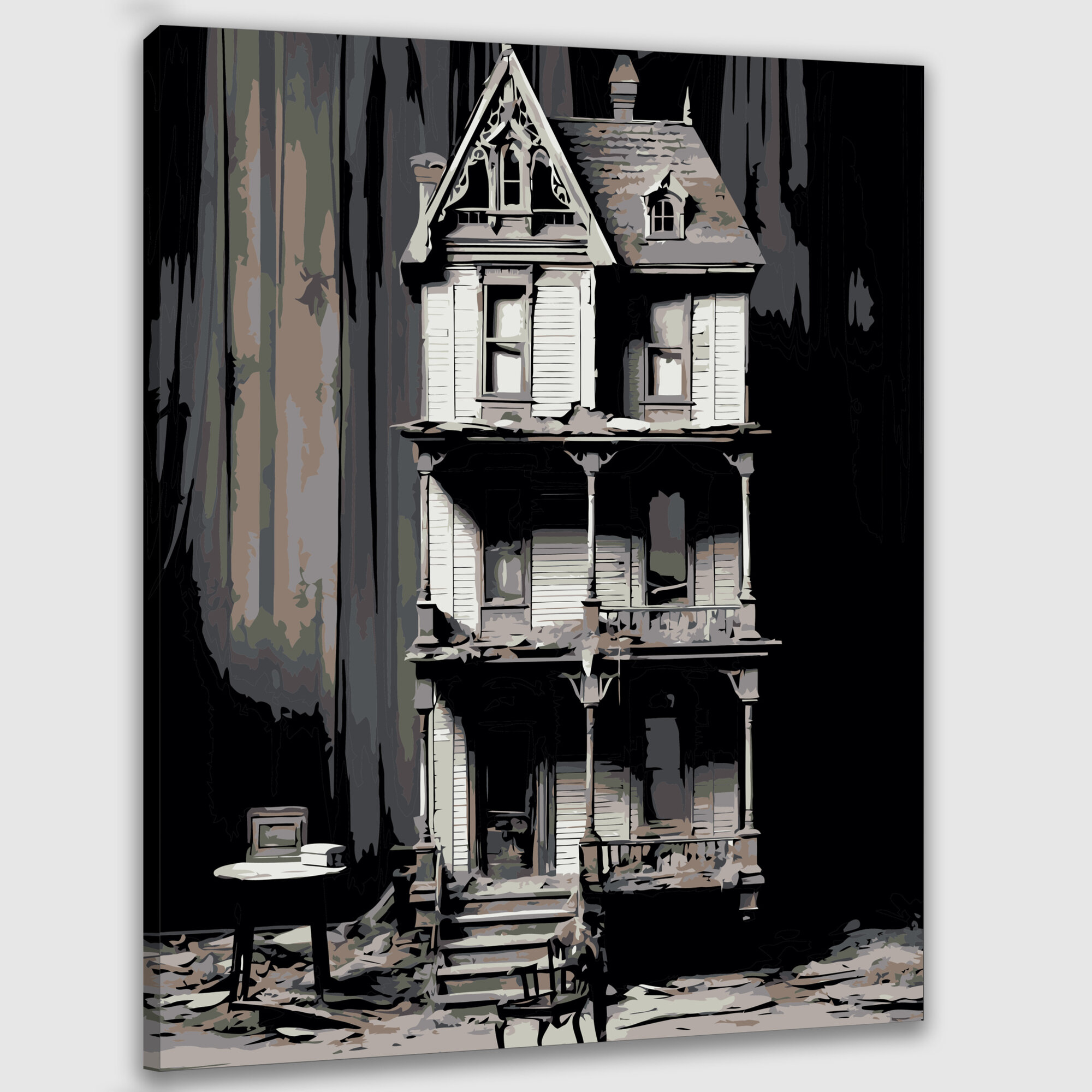 Картина по номерам 40x50 см, черно-белая фотография, жуткий домик, викторианский стиль, потрескавшийся внешний ви