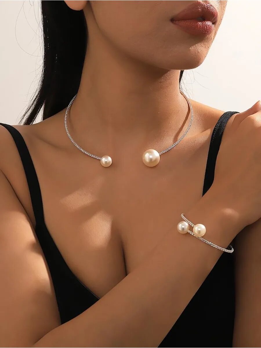 Колье, фианит, кристалл, жемчуг имитация