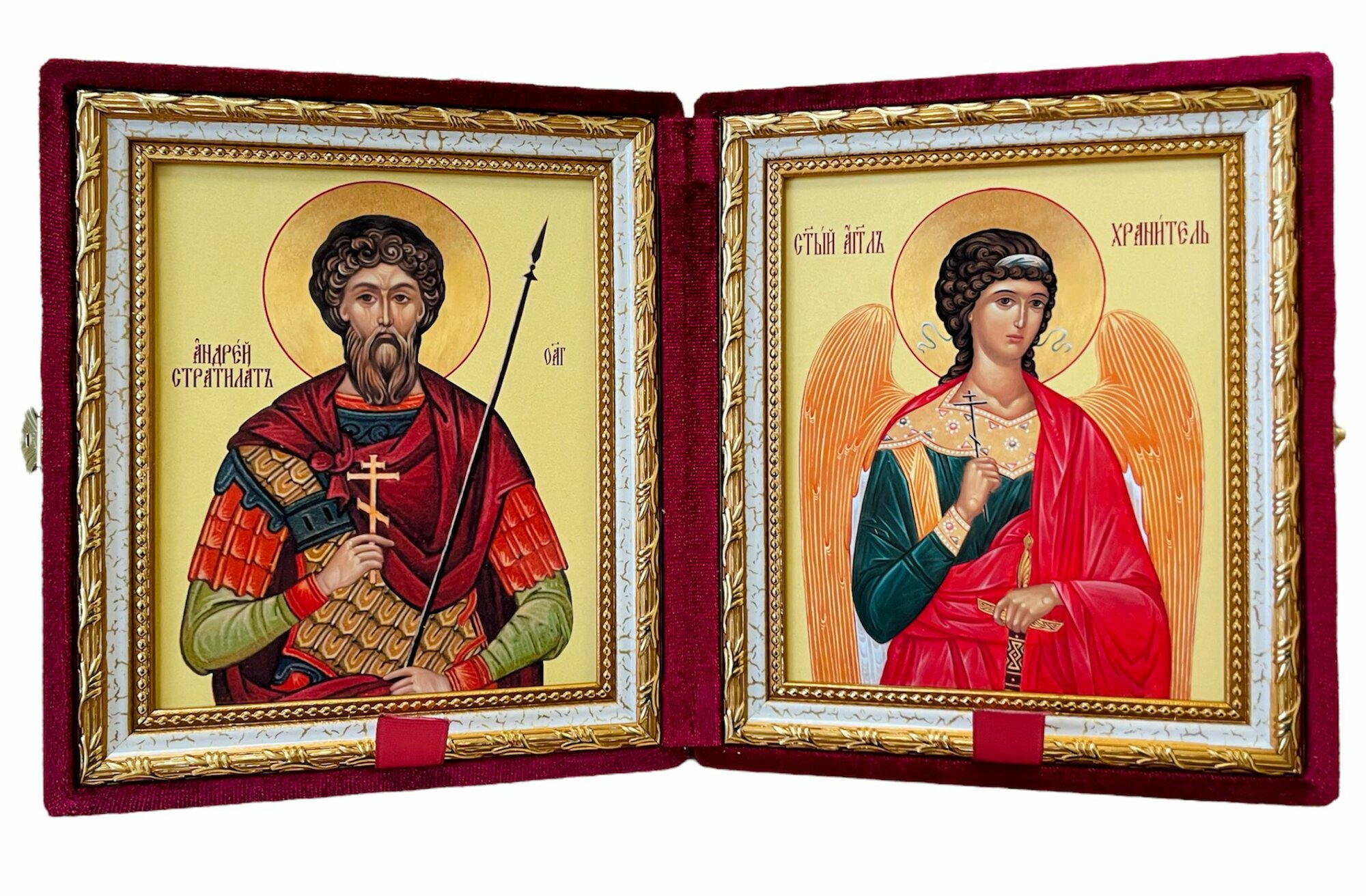 Икона Складень Андрей Стратилат, Таврийский, Мученик и Ангел Хранитель в бархатном футляре, 14х17 см